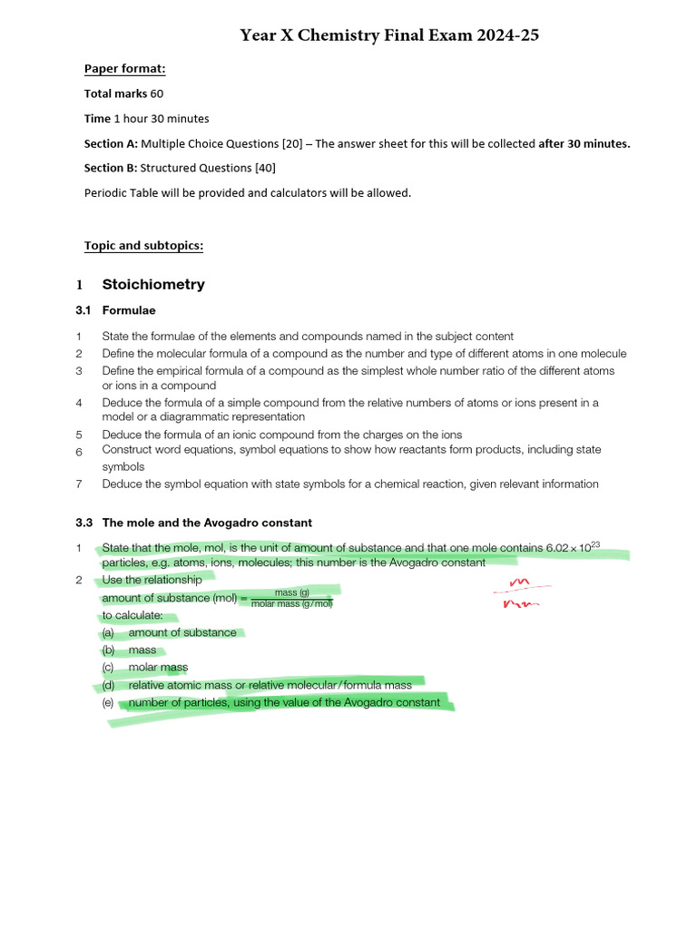 Chemistry Final Exam Guide 2024-25 | PDF | Mole (Unit) | Molecules