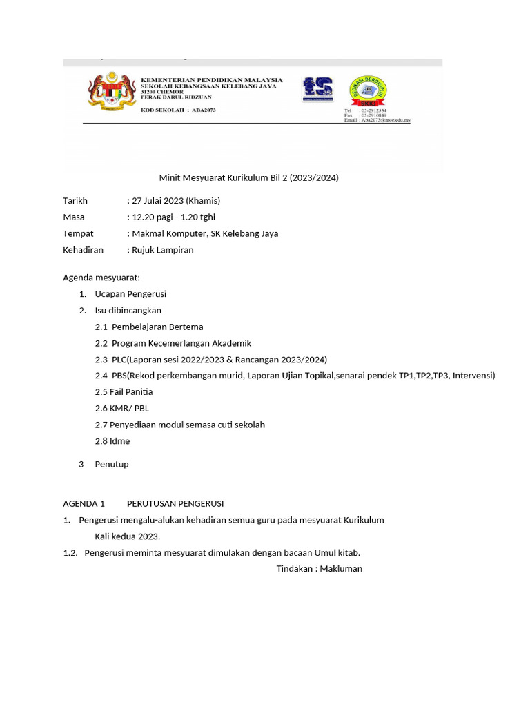 Minit Mesyuarat Kurikulum Bil 2 (2023-2024) | PDF