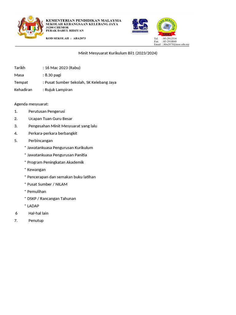 Minit Mesyuarat Kurikulum Bil 1 (2023-2024) | PDF