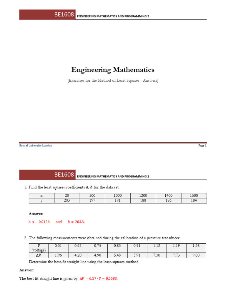 BE1608 - Regression Exercises-Answers | PDF | Least Squares | Thermocouple