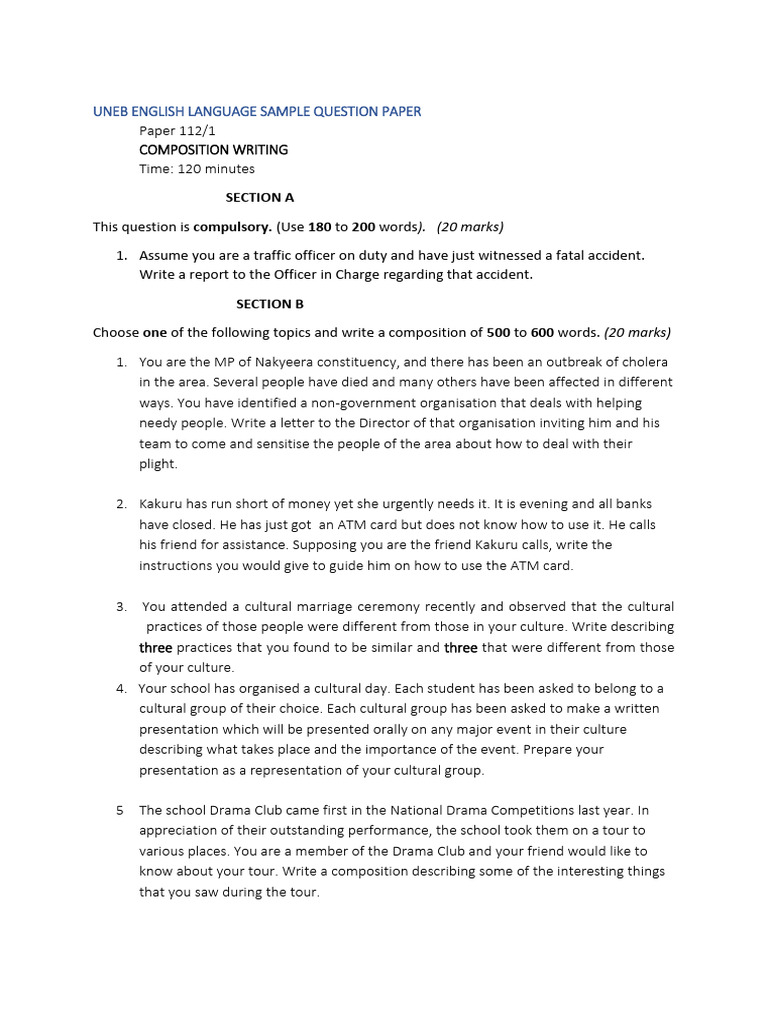 Uneb 2024 English 12 Sample Paper 0705675676 | PDF | Essays | Paragraph