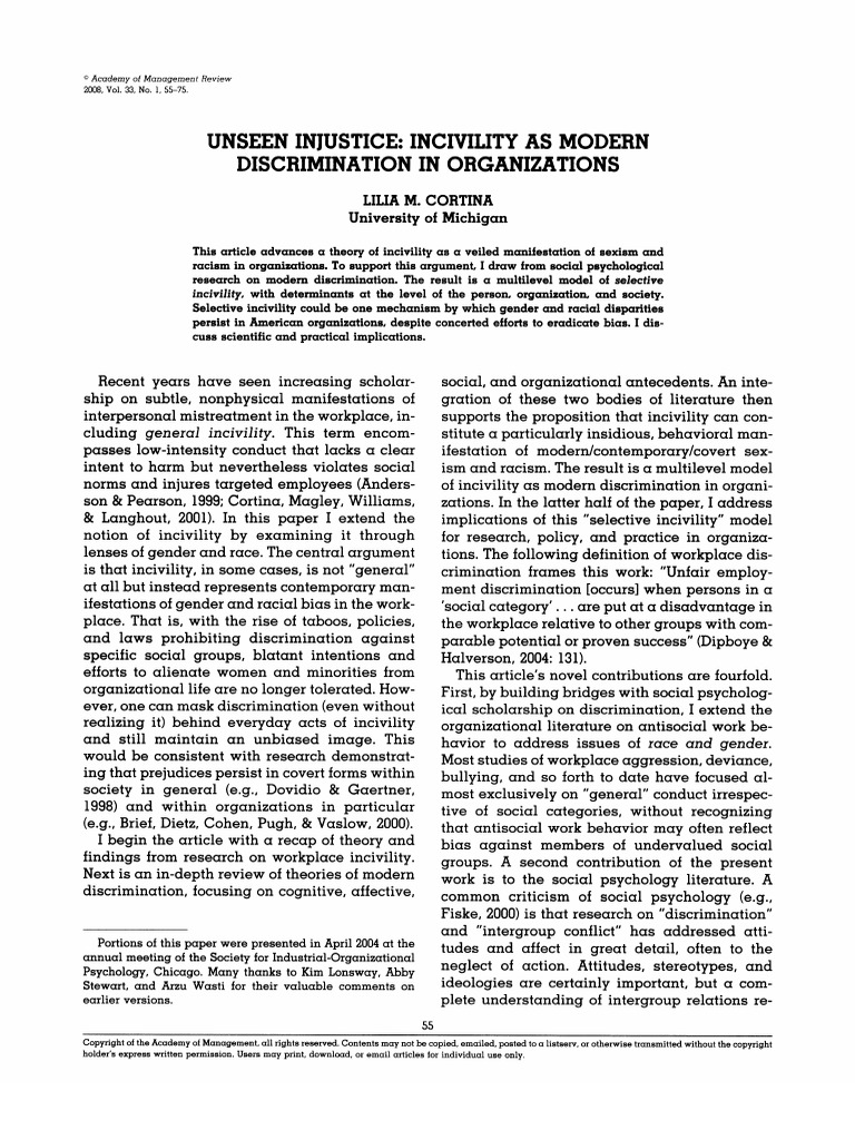 Unseen Injustice - Incivility As Modern Discrimination in Organizations ...