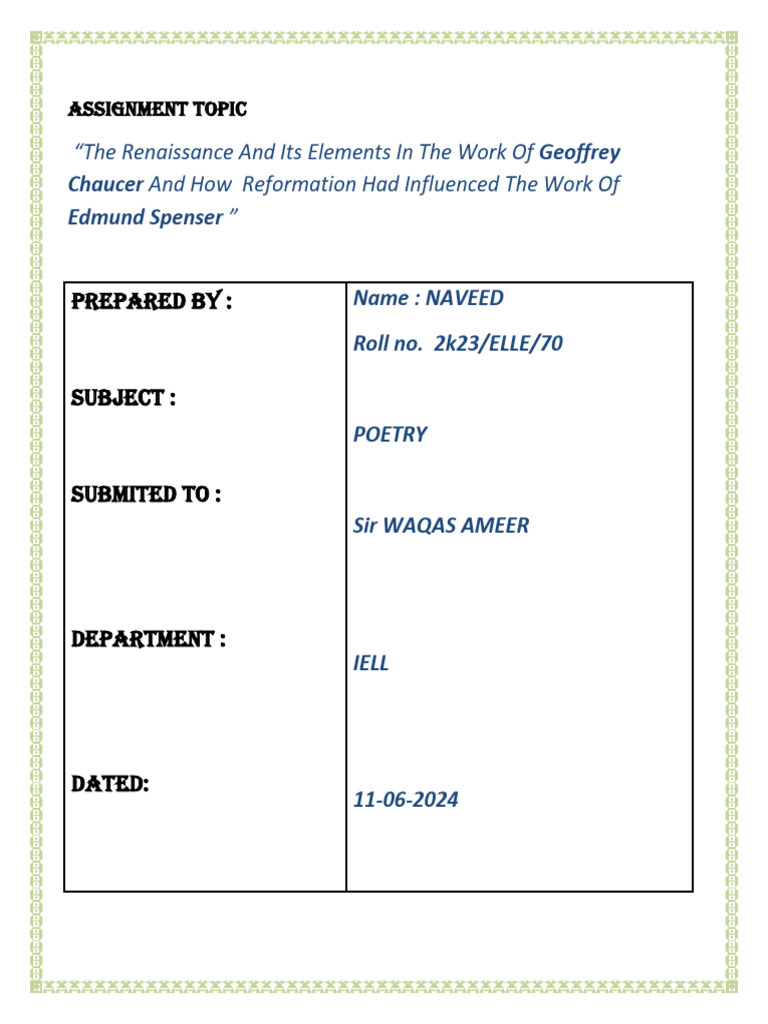 Renaissance and Reformation Assignment by Naveed | PDF | The Faerie ...