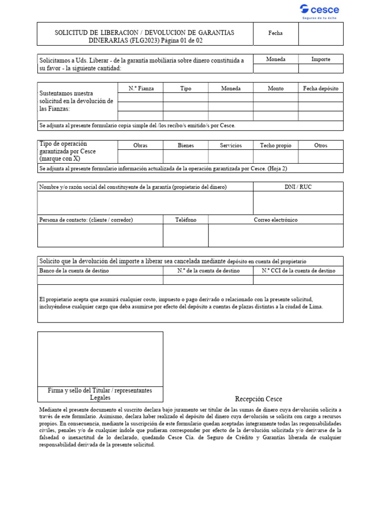 Formulario Devolucion Garantia 2024 Secrex | PDF | Liquidación | Dinero