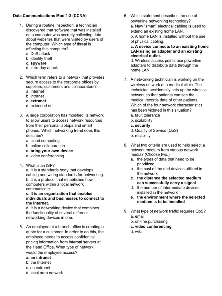 Data Comms Mod 1 11 CCNA Answer Key | PDF | Computer Network | Internet Protocol Suite