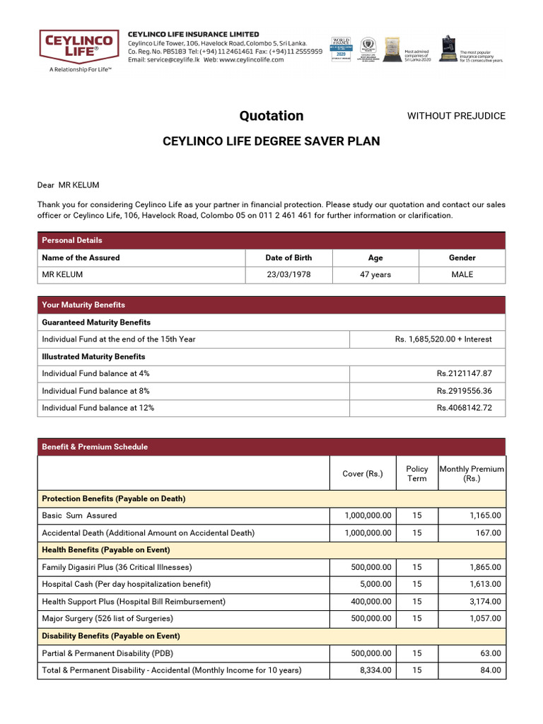 QuoteW 222859 KELUM 24 752286 CEYLINCO LIFE DEGREE SAVER PLAN | PDF ...
