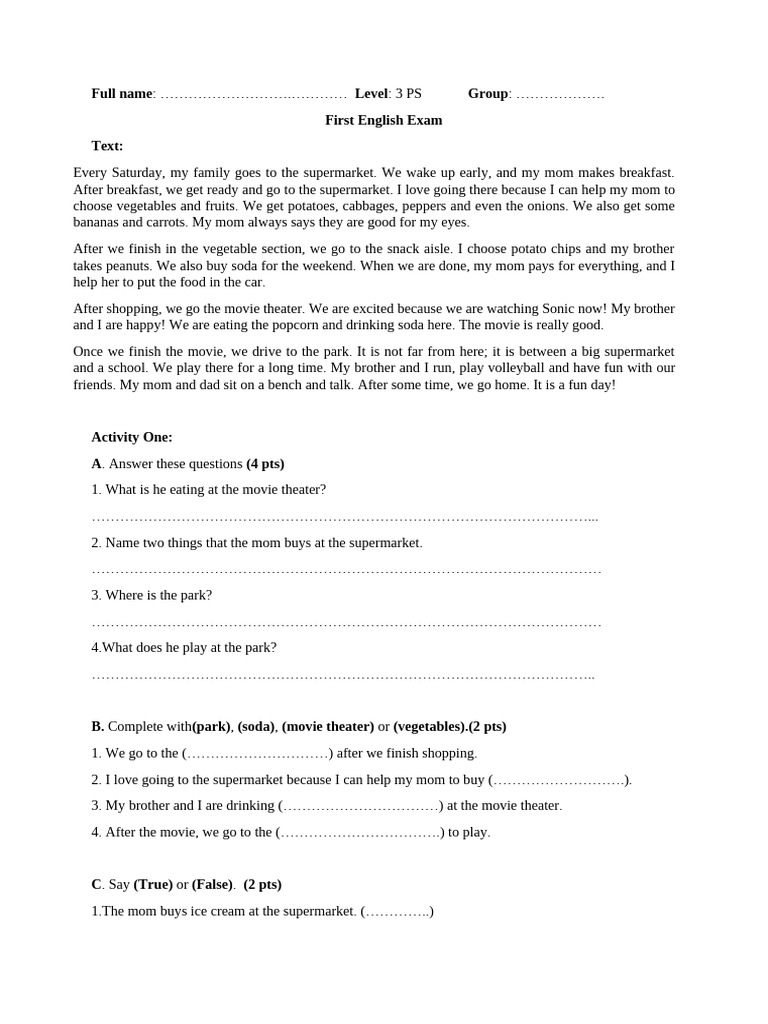 0000 - First English Exam | PDF | Food And Drink Preparation | Western ...