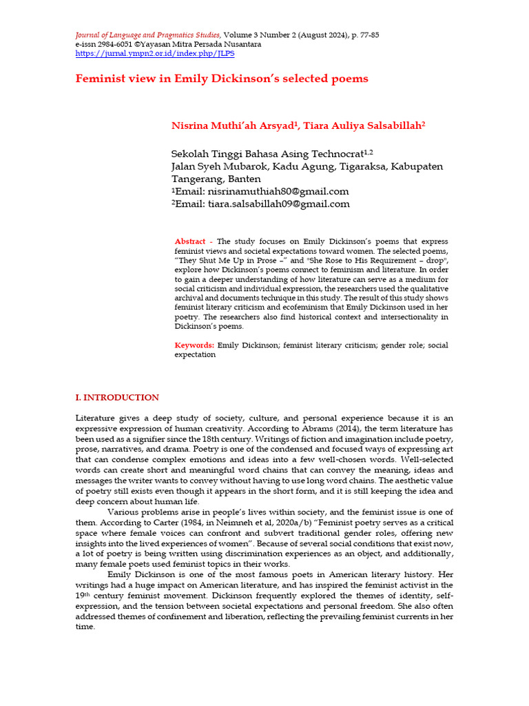 Feminist Perspectives in Dickinson's Poetry | PDF | Feminism | Gender ...