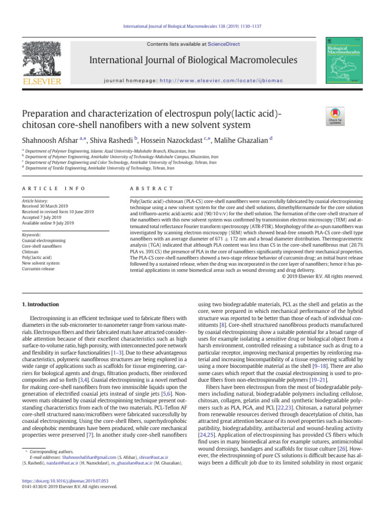 Preparation and Characterization of Electrospun Poly (Lactic Acid) - Chitosan Core-Shell ...