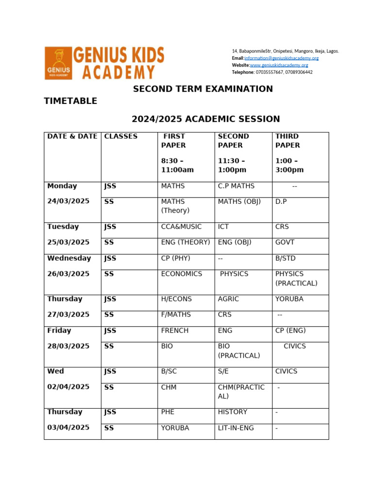 2024/2025 Exam Timetable for JSS & SS | PDF