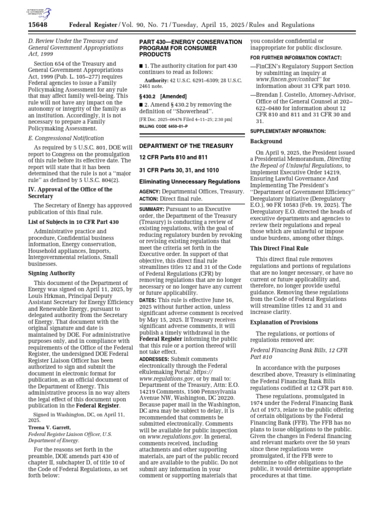 Amendments to 10 CFR Part 430 Regulations | PDF | Code Of Federal ...