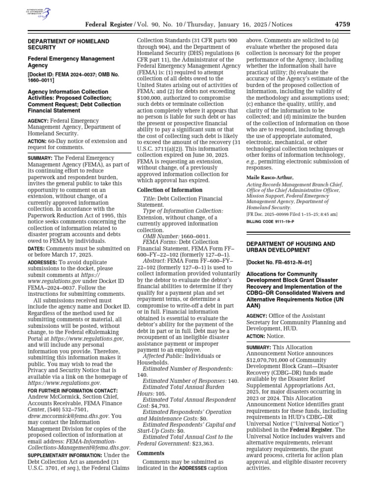 FEMA Debt Collection Comment Request | PDF | Federal Emergency ...