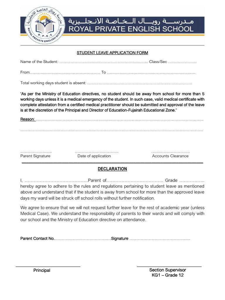 Student Leave Application Form RPES | PDF