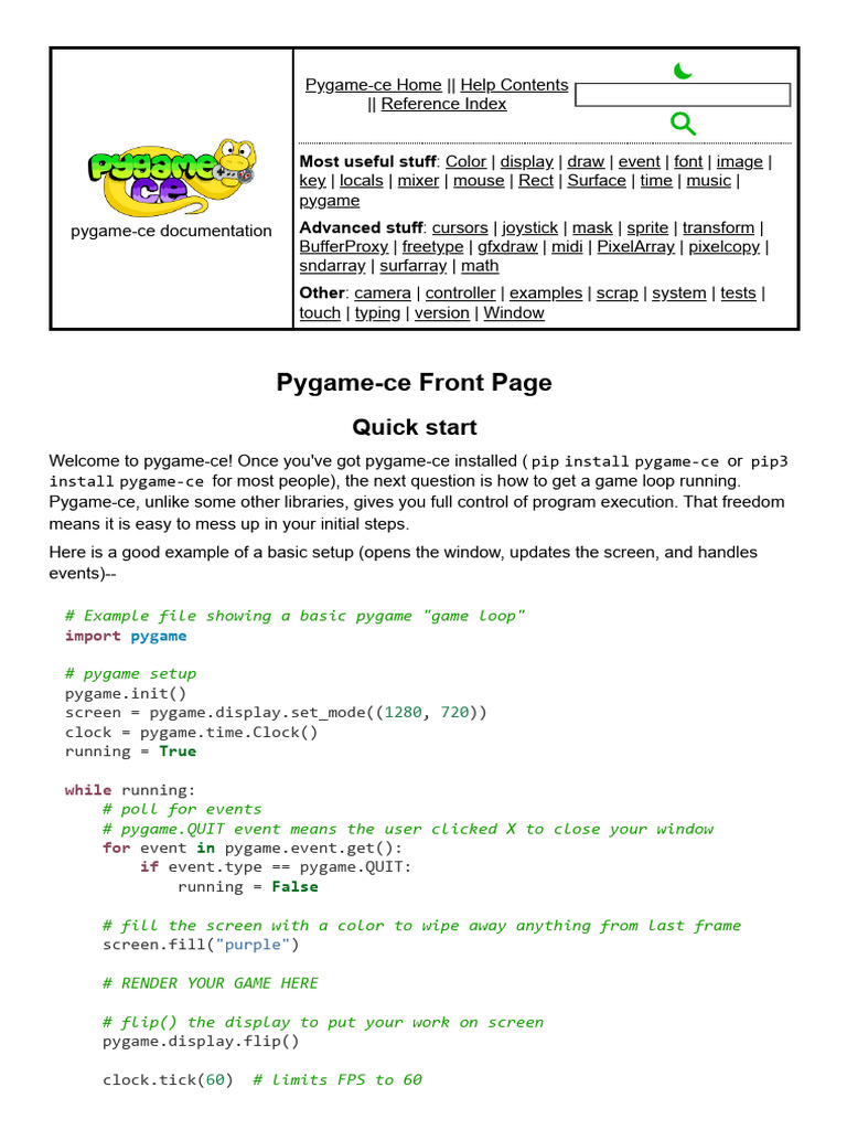 Pygame-ce Front Page — pygame-ce v2.5.3 documentation | PDF | Rendering ...