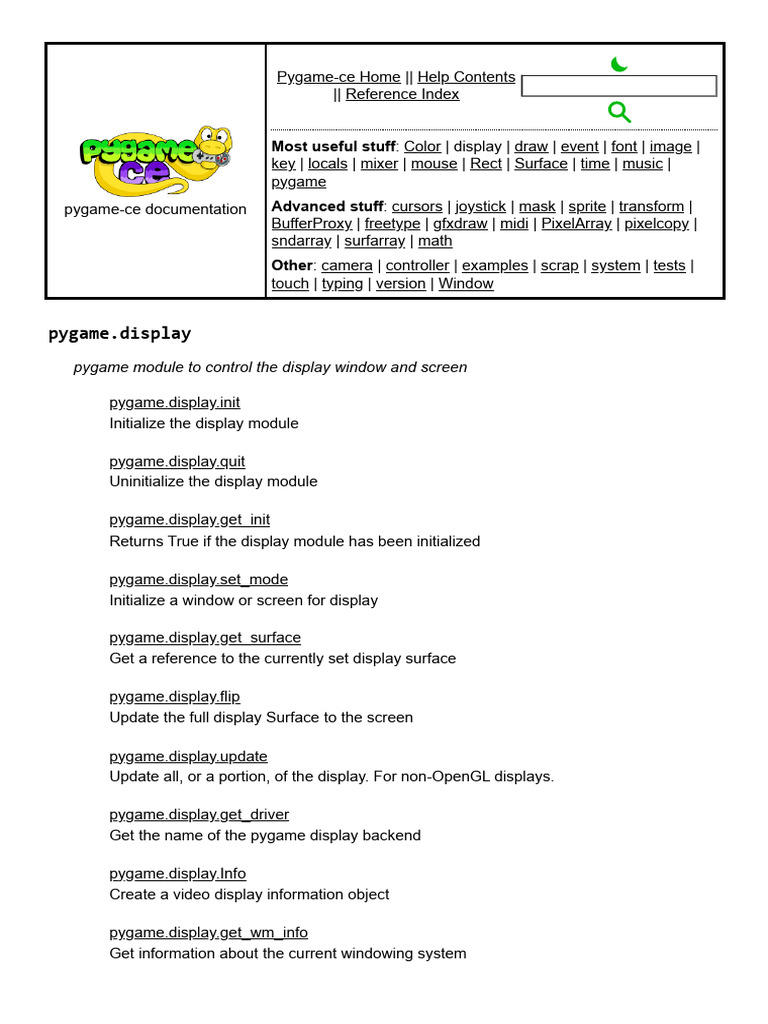 Pygame - Display - Pygame-Ce v2.5.3 Documentation | PDF | Parameter (Computer Programming ...