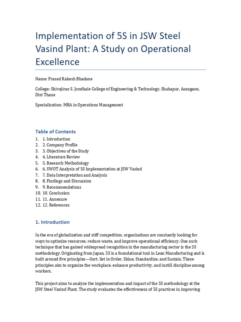 JSW 5S Full Project Report | PDF