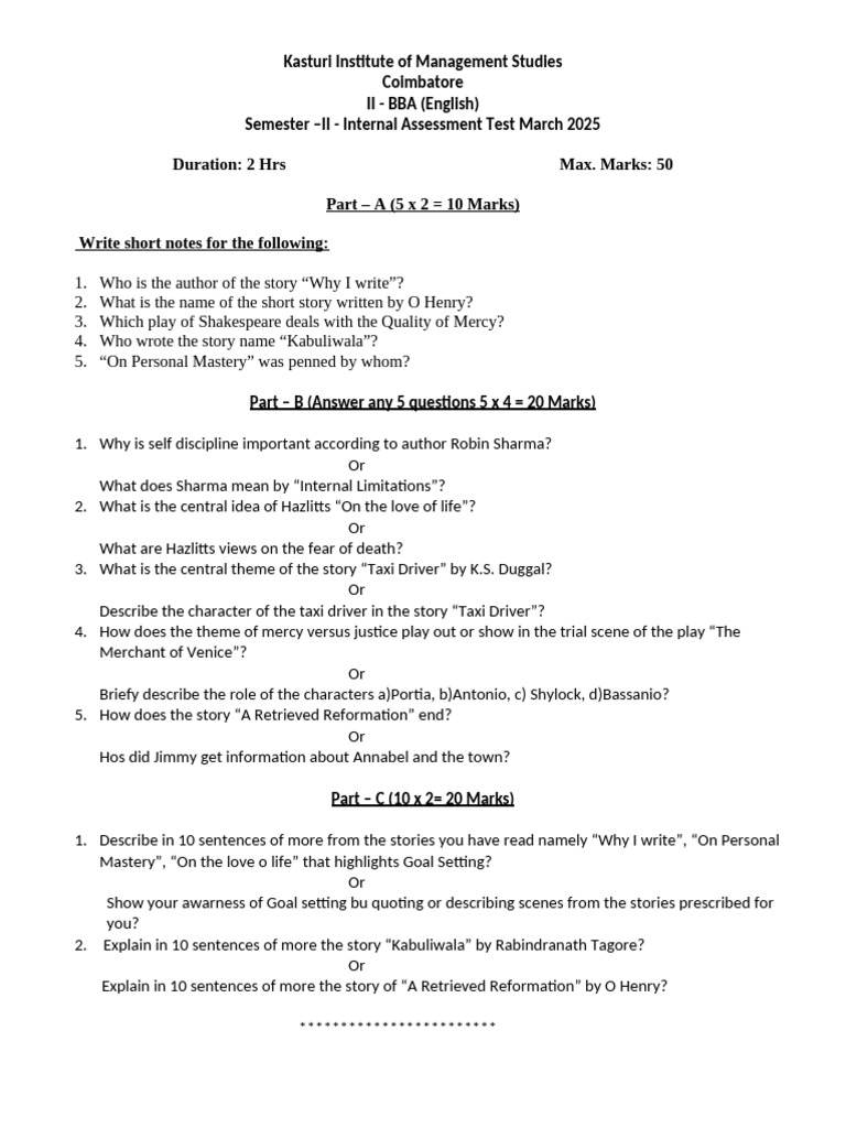 Semester - II - II BBA English Internal Assessment Test | PDF