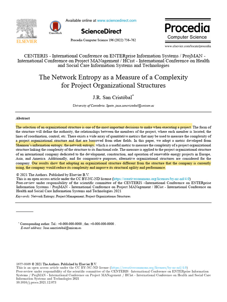 The Network Entropy As A Measure of A Complexity For Project Organizational Structures | PDF ...