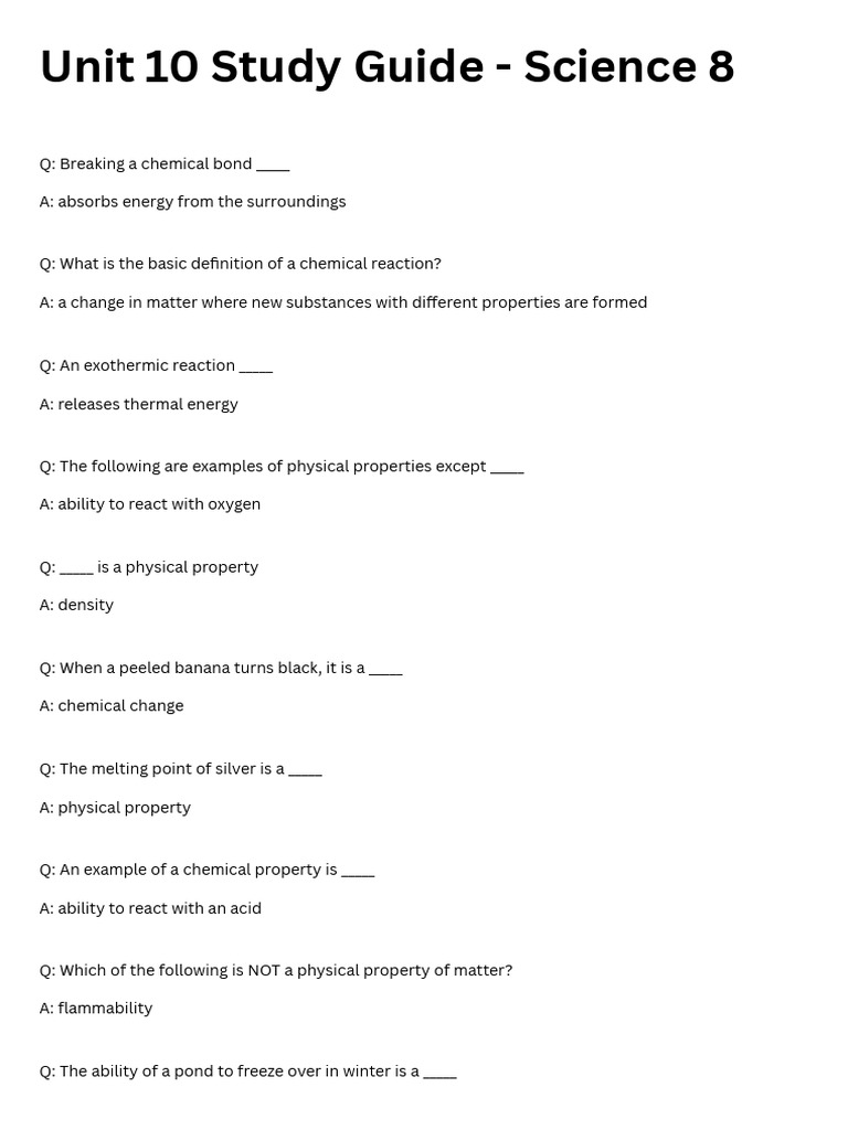Unit 10 Study Guide - Science 8 | PDF | Chemical Reactions | Chemical ...