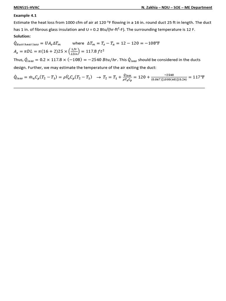 Duct Heat Loss Calculation Example | PDF