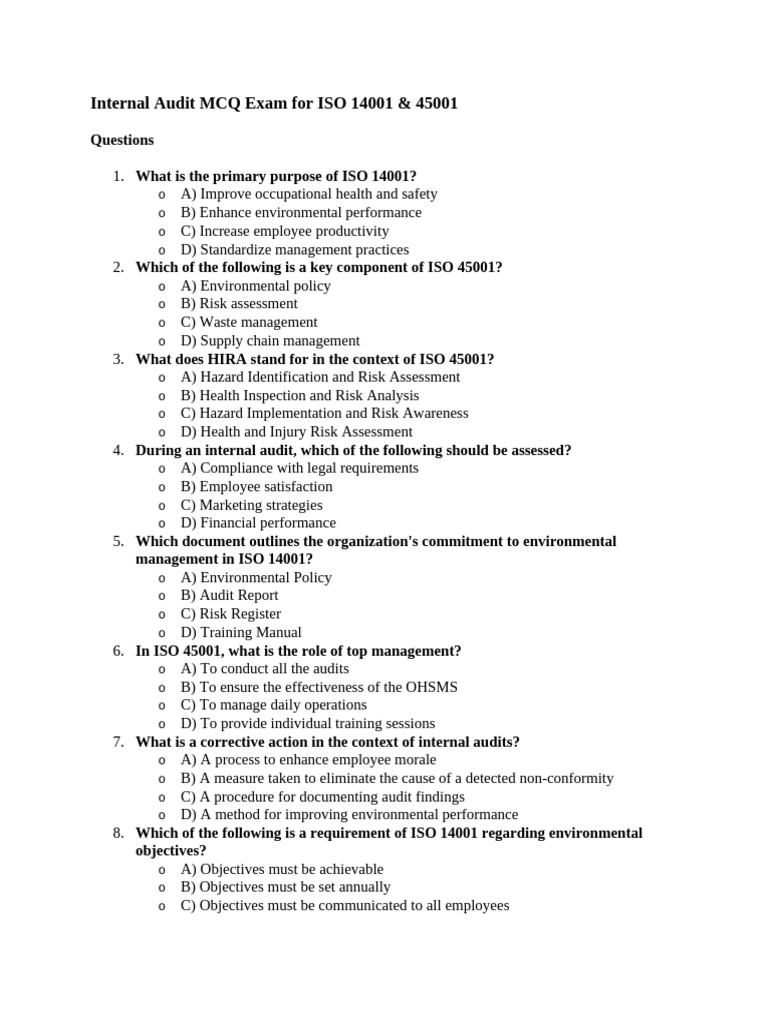 ISO 14001 & 45001 Internal Audit MCQs | PDF | Occupational Safety And Health | Audit