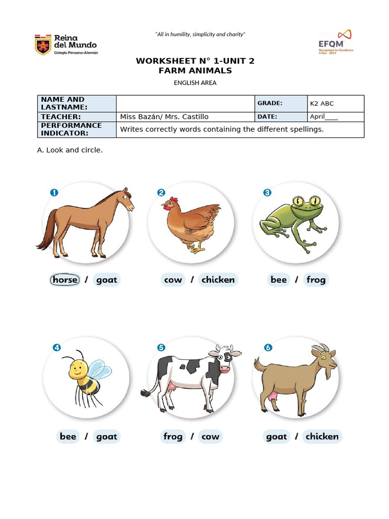 k2 - Worksheet 1-Unit 2-Farm Animals | PDF