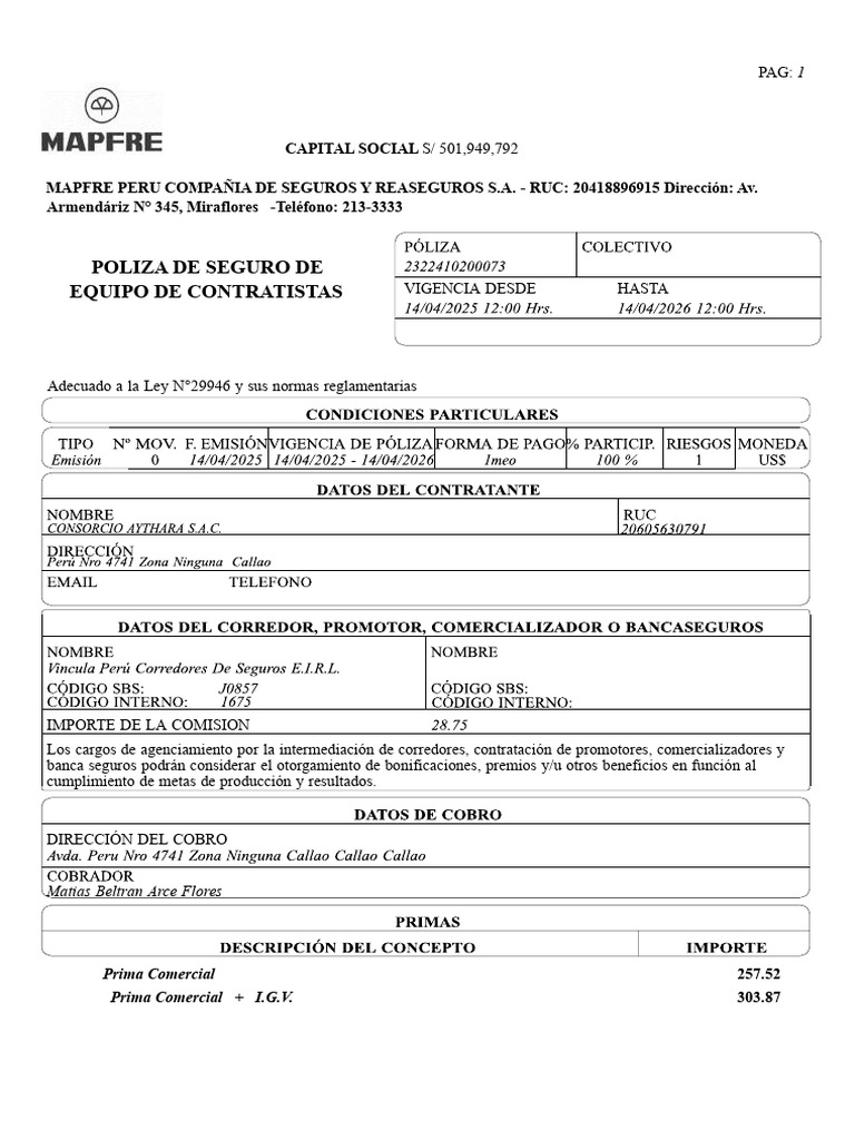 POLIZA MAPFRE CONSORCIO AYTHARA SAC. | PDF | Póliza de seguros | Seguro
