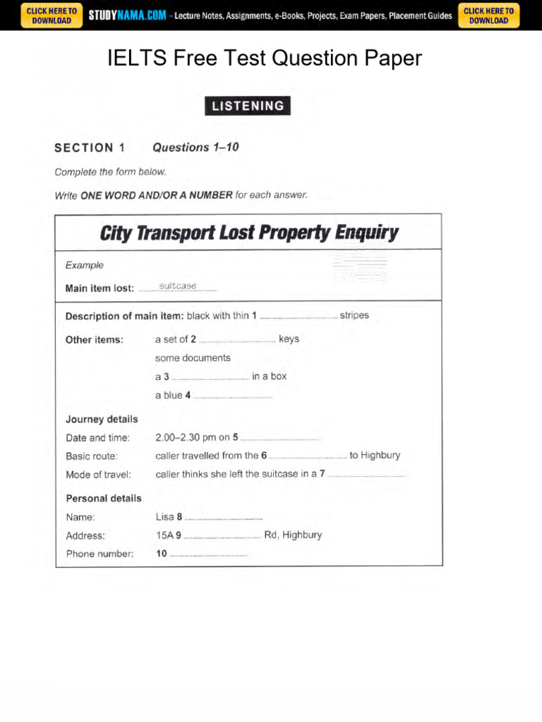 IELTS Free Test Question Paper | PDF