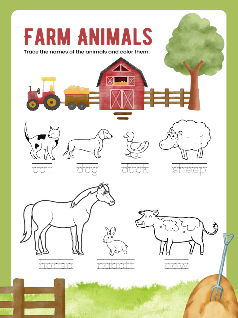 Farm Animals English Worksheet in Handwriting Style | PDF