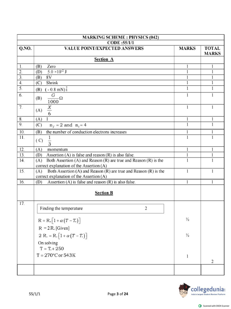 CBSE - 55-1 Physics - Answer - Key | PDF