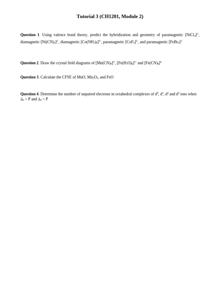 Tutorial 3 CH1101 Module 2 Questions | PDF