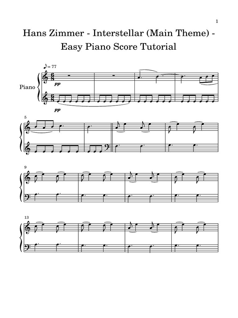 Hans Zimmer - Interstellar (Main Theme) - Easy Piano Score Tutorial | PDF