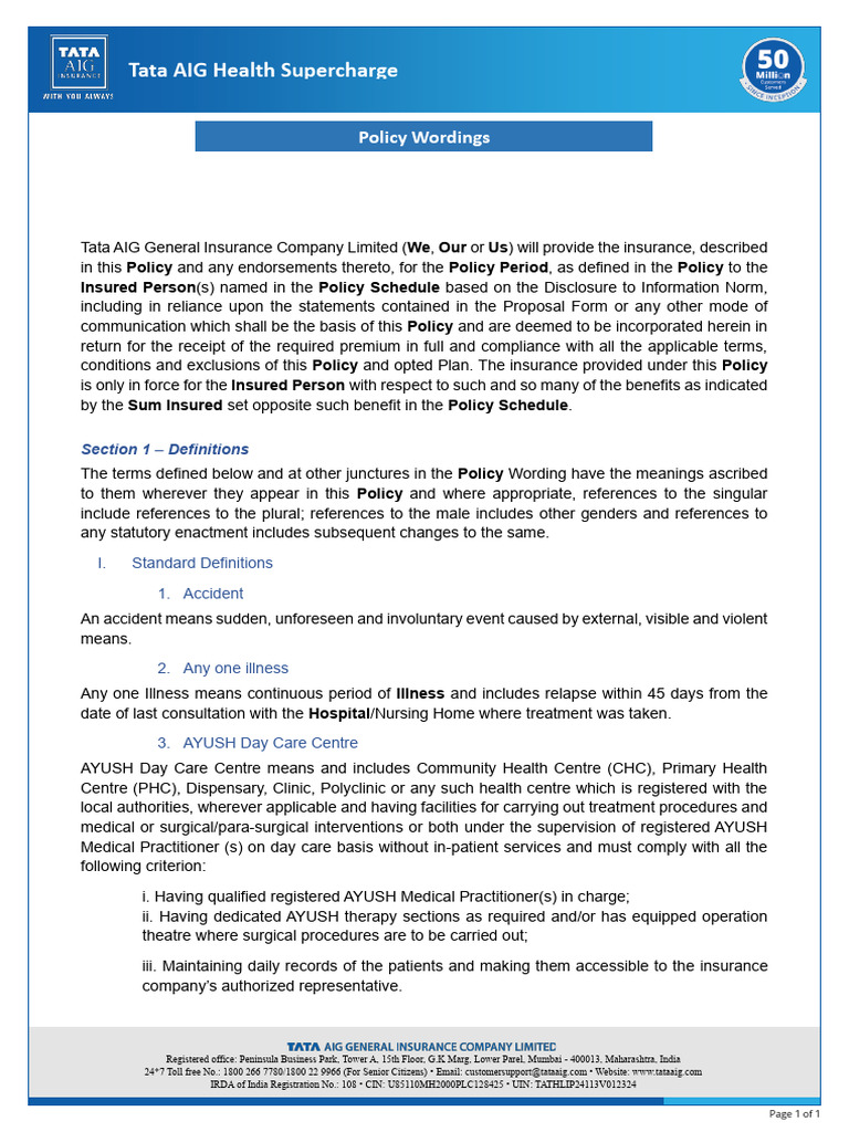 Tata AIG Health Supercharge Policy Guide | PDF | Intensive Care Unit ...
