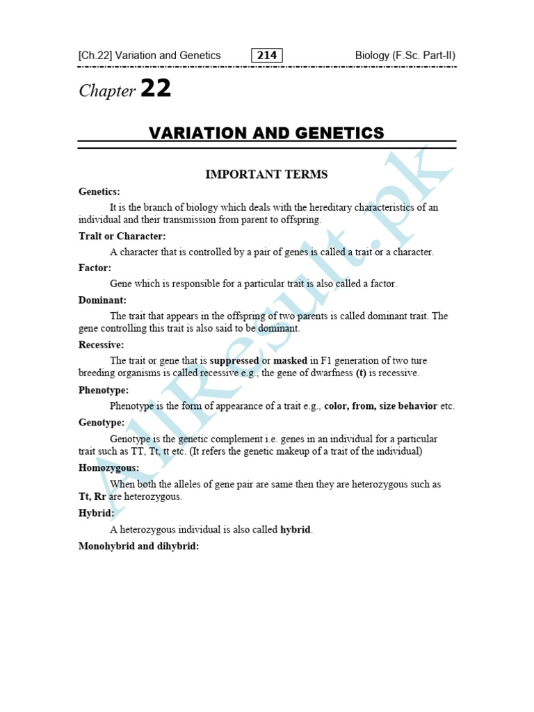 Biology 2nd Year Notes Sindh Board Cha 22 Variation and Genetics | PDF ...