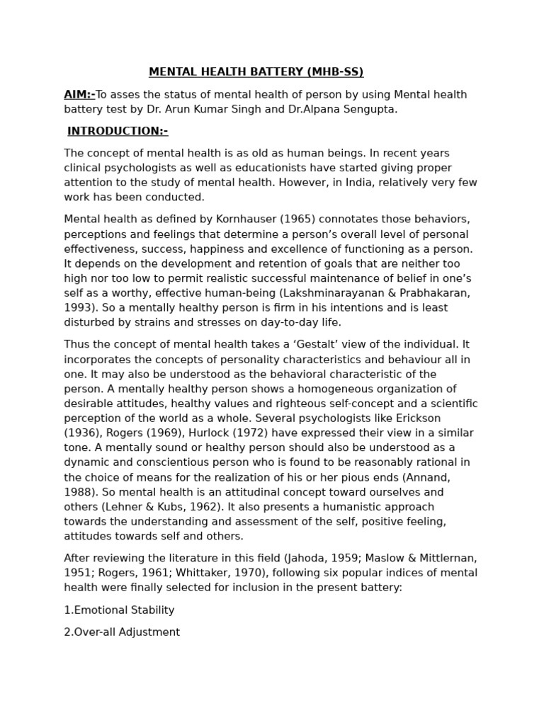 Mental Health Battery (MHB-SS) AIM:-Introduction | PDF | Psychological Resilience | Stress ...