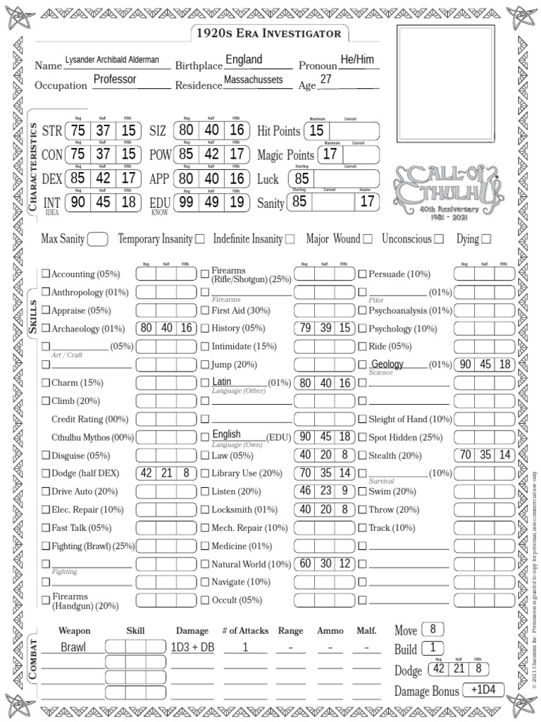1920s Investigator Character Sheet | PDF