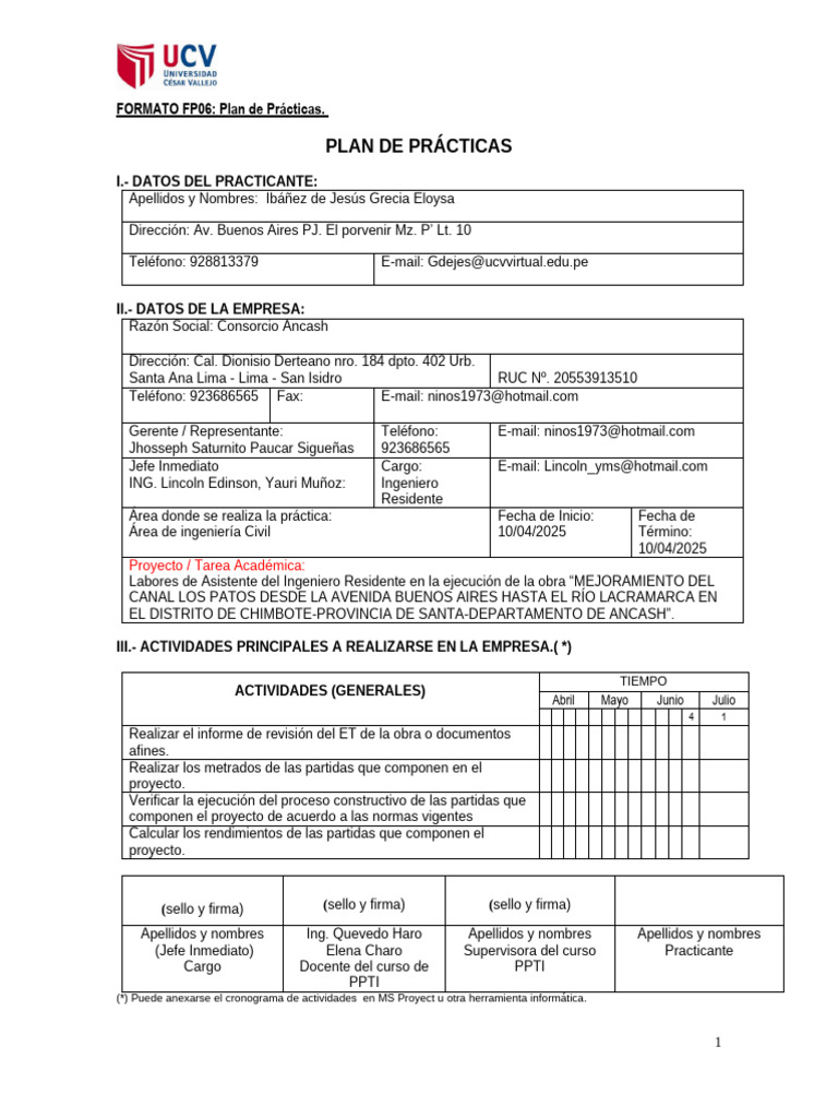 Formato Fp06 - Plan de Practicas-2025-I | PDF