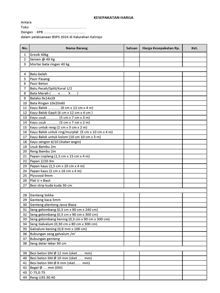Form Kesepakatan Harga Toko | PDF