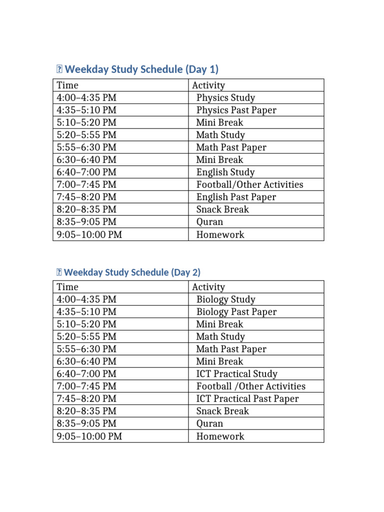 Final Weekday Study Schedule Adjusted | PDF