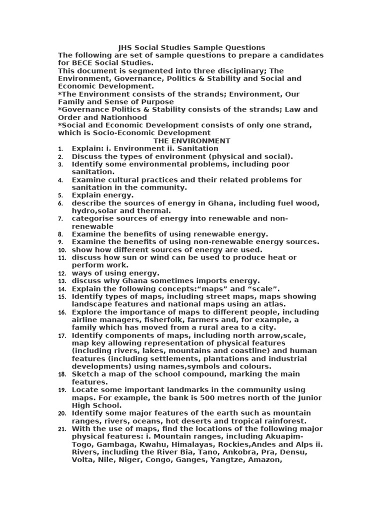 JHS Social Studies BECE 2025 Sample Questions | PDF | Adolescence | Climate