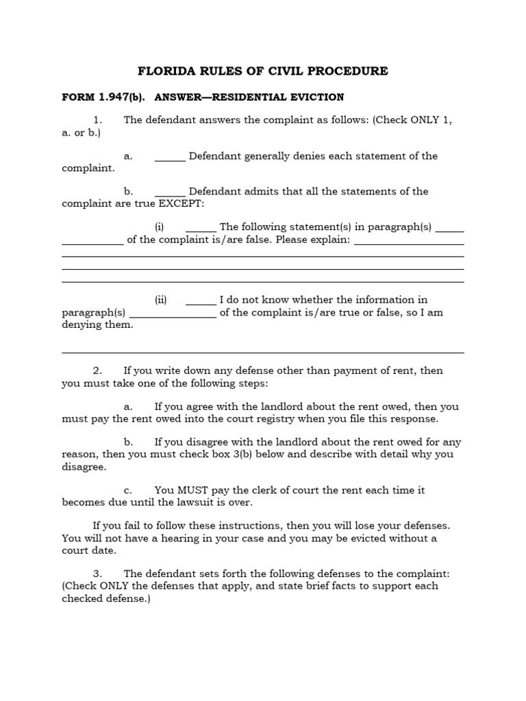 Residential Eviction Answer Form 1.947(b) | PDF | Landlord | Complaint