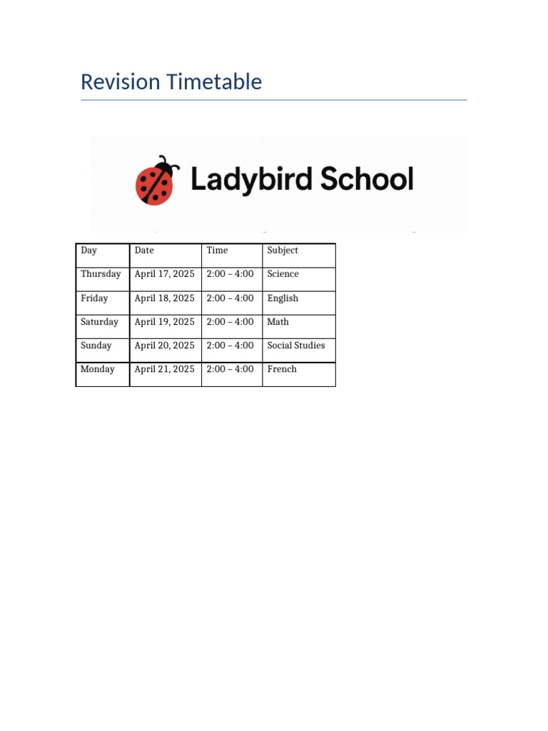 April 2025 Revision Timetable | PDF