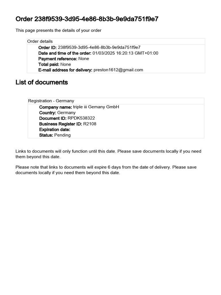 Order Details for Triple III Germany GmbH | PDF