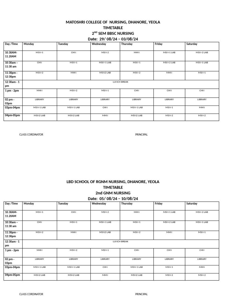 Nursing College Timetable Overview | PDF