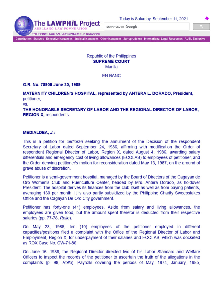 Maternity Children's Hospital v. Sec. of Labor G.R. No. 78909 | PDF | Cost Of Living | Arbitral ...