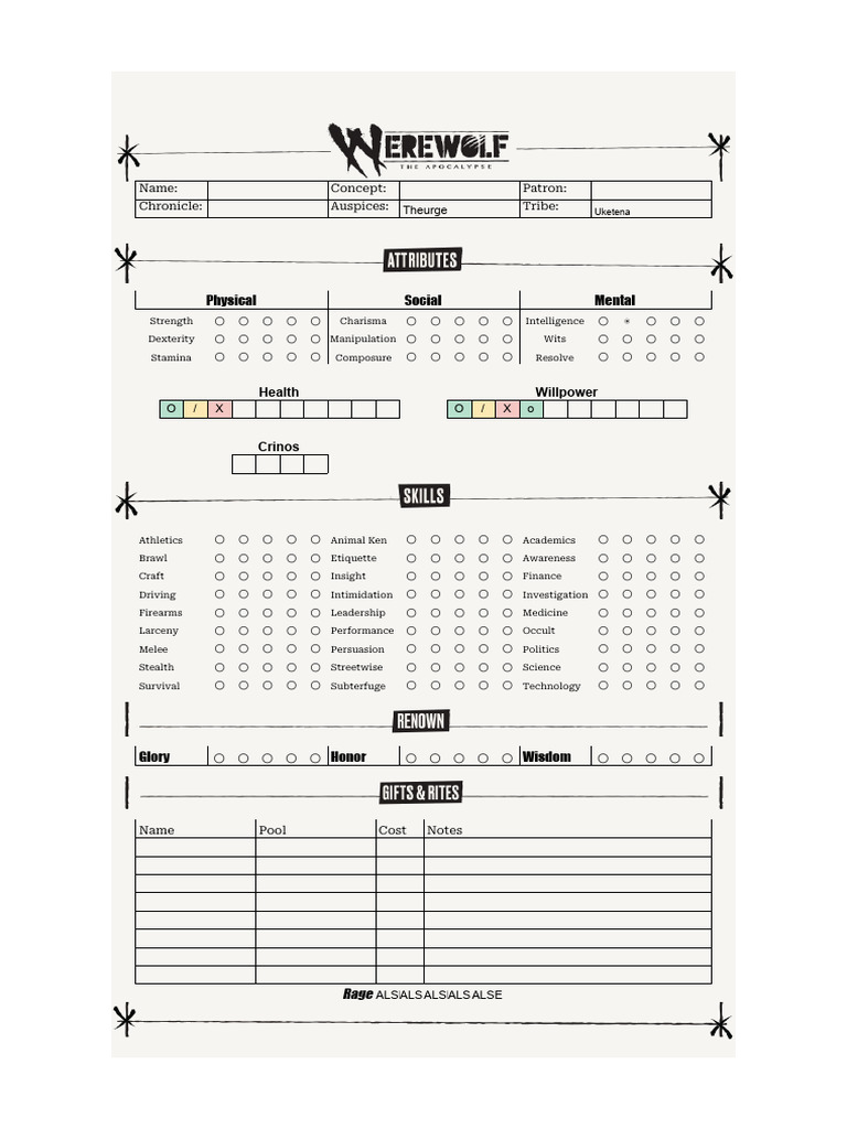 Werewolf Character Sheet Template | PDF