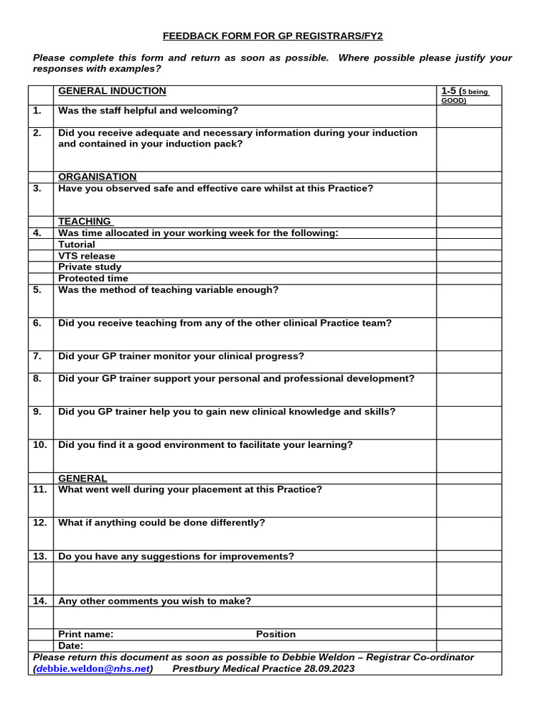 GP Registrar Feedback Form | PDF