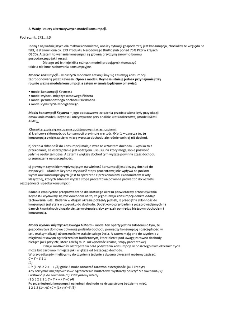 Notatek PL Wady I Zalety Altenratywnych Modeli Konsumpcji Makro Wojtyna | PDF