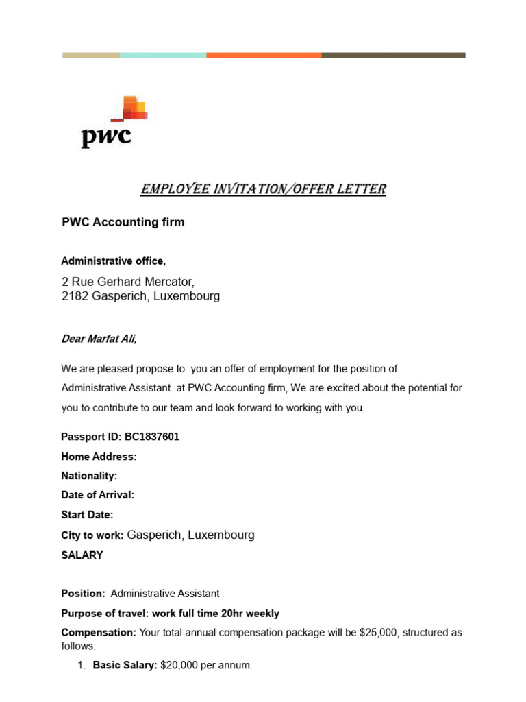 PWC Luxembourg Job Offer Letter | PDF | Employment | Salary