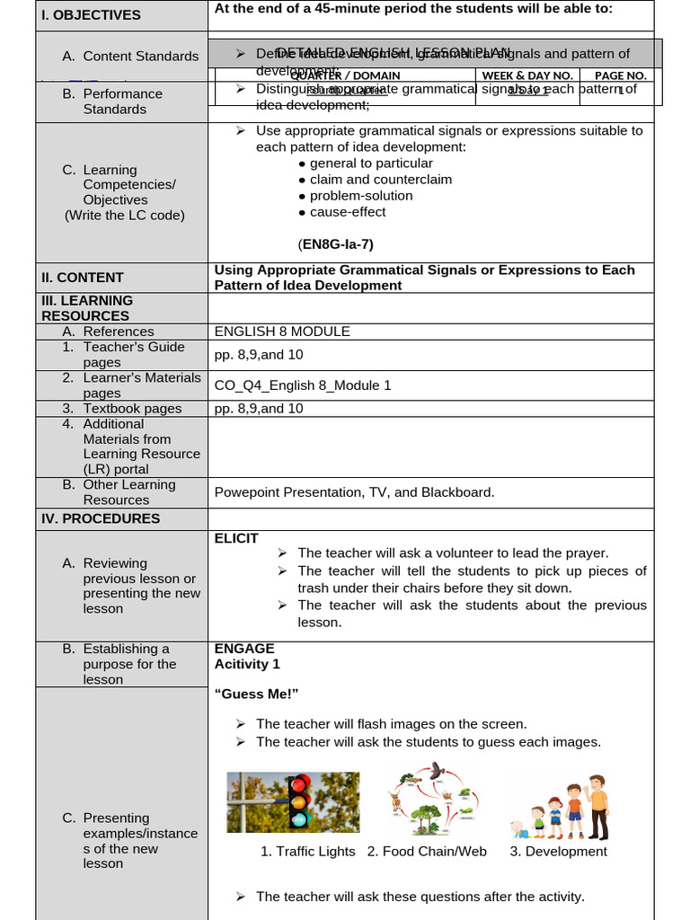 Monday Idea Development Grammatical Signals and Pattern of Idea Development | PDF | Teachers ...
